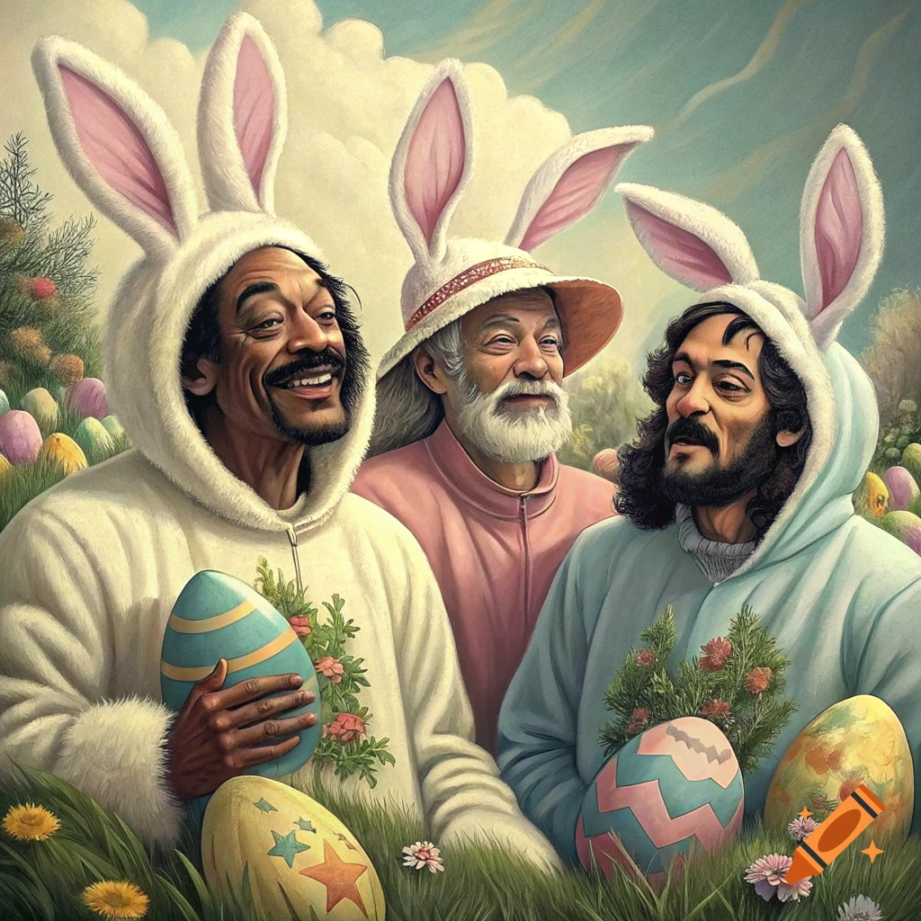Snoop Dogg, Willie Nelson, Cheech & Chong, and Seth Rogen as Easter bunnies on Craiyon