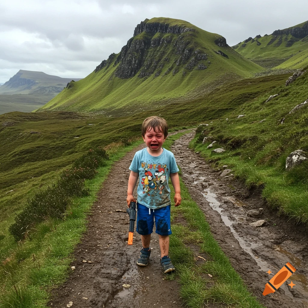 Scottish little boy crying on muddy trail in Scottish mountains on Craiyon