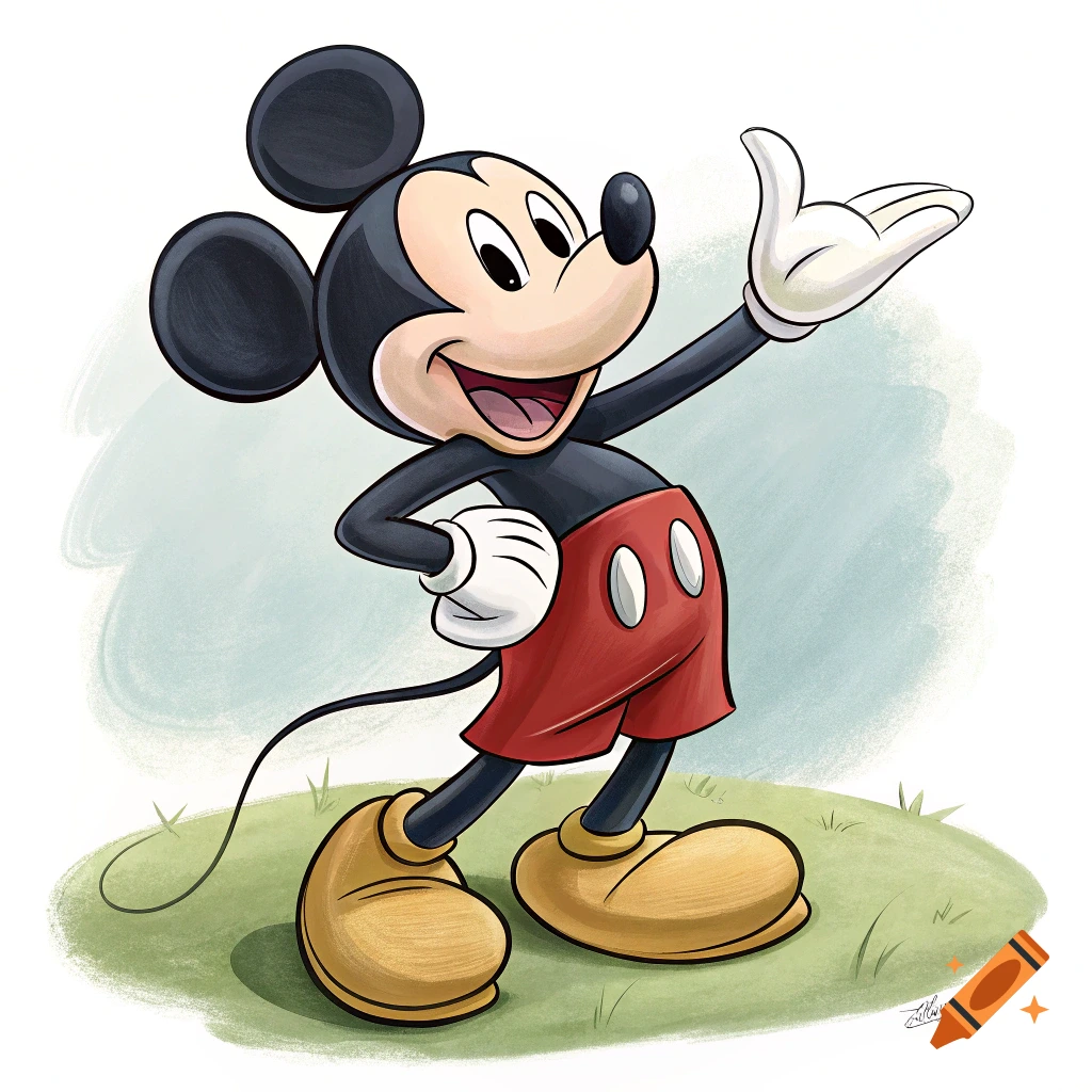 Mickey Mouse stands on a tree branch, holding a vine in a vibrant green ...