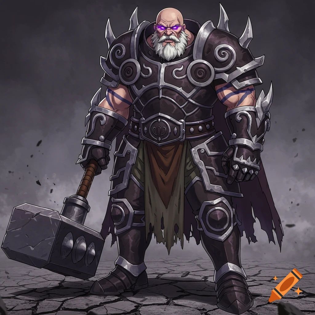 Anime muscular bald warrior in dark purple armor with warhammer on Craiyon