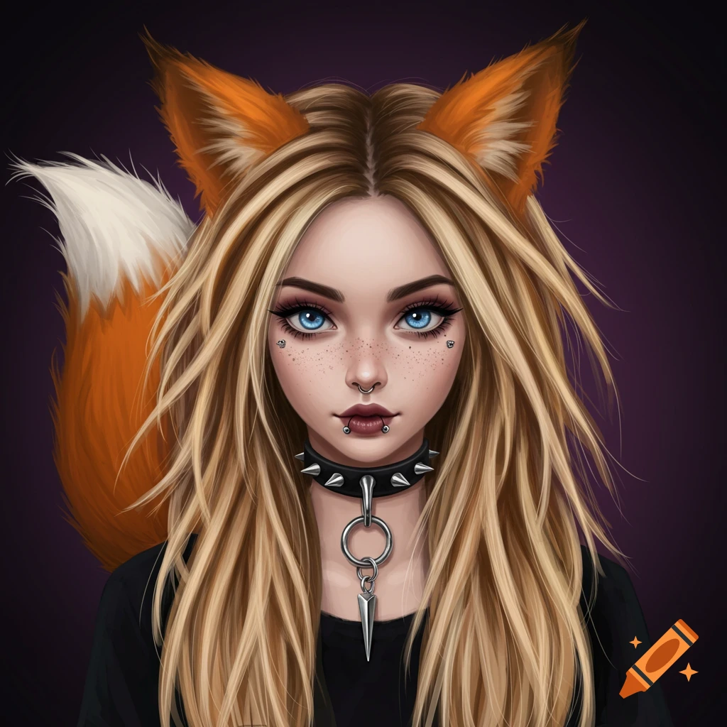 Anime girl with fox ears and tail, punk goth style on Craiyon
