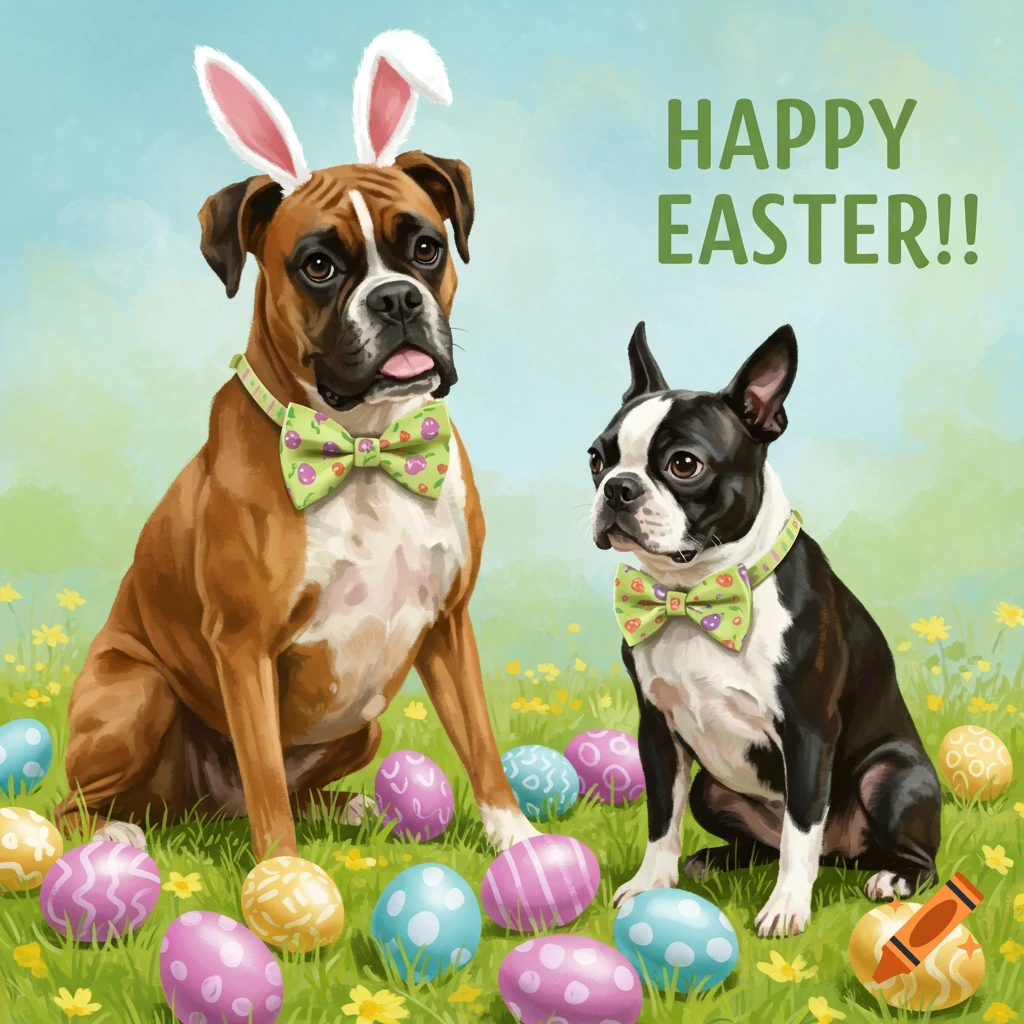 Boxer and Boston terrier dogs with Easter egg bow ties and 'Happy ...