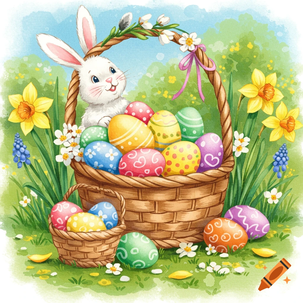 Watercolor illustration of a white bunny peeking from behind a large ...