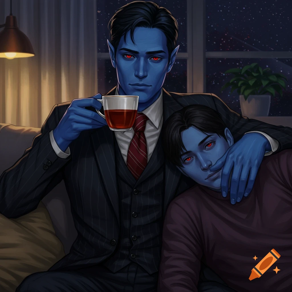 Blue-skinned man with red eyes holding teacup on Craiyon