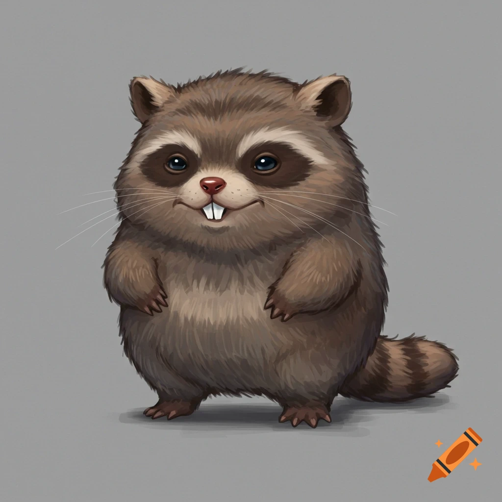A cute, chubby raccoon creature with buck teeth standing on a grey ...