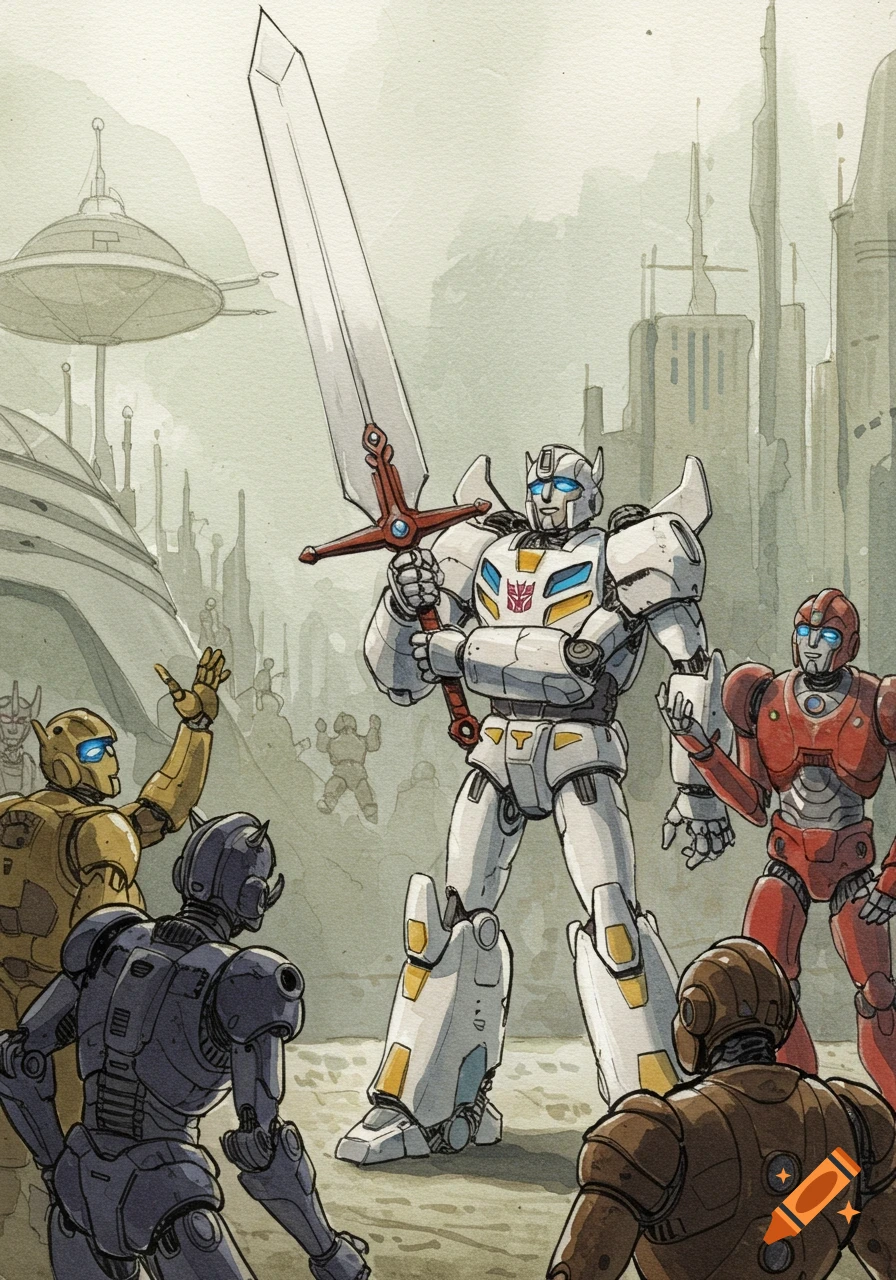 Transformers-style robot with sword in watercolor painting on Craiyon