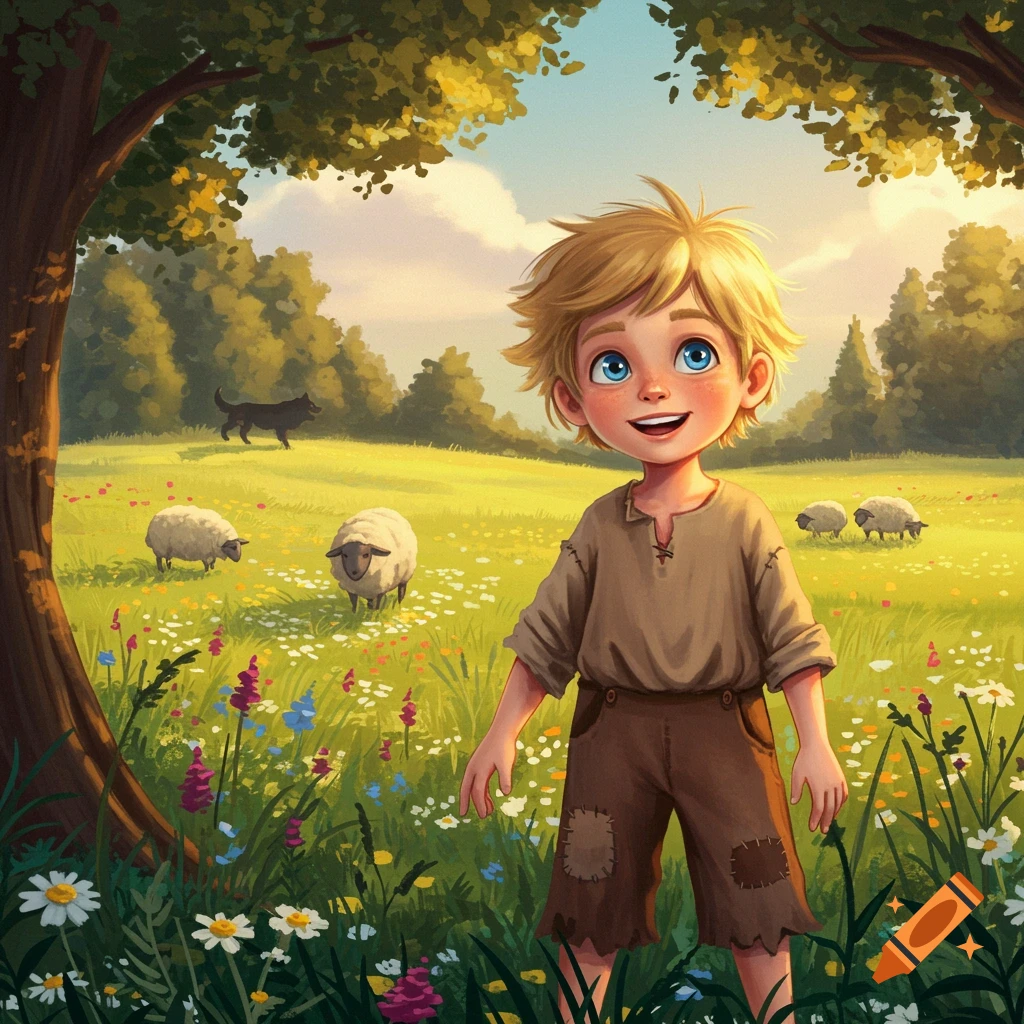 A young boy stands in a field of flowers with sheep, drawn in a ...