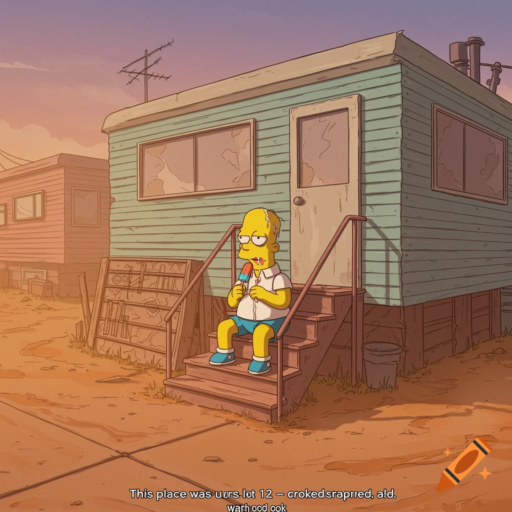 Cartoon character like Bart Simpson sits on trailer steps eating a ...