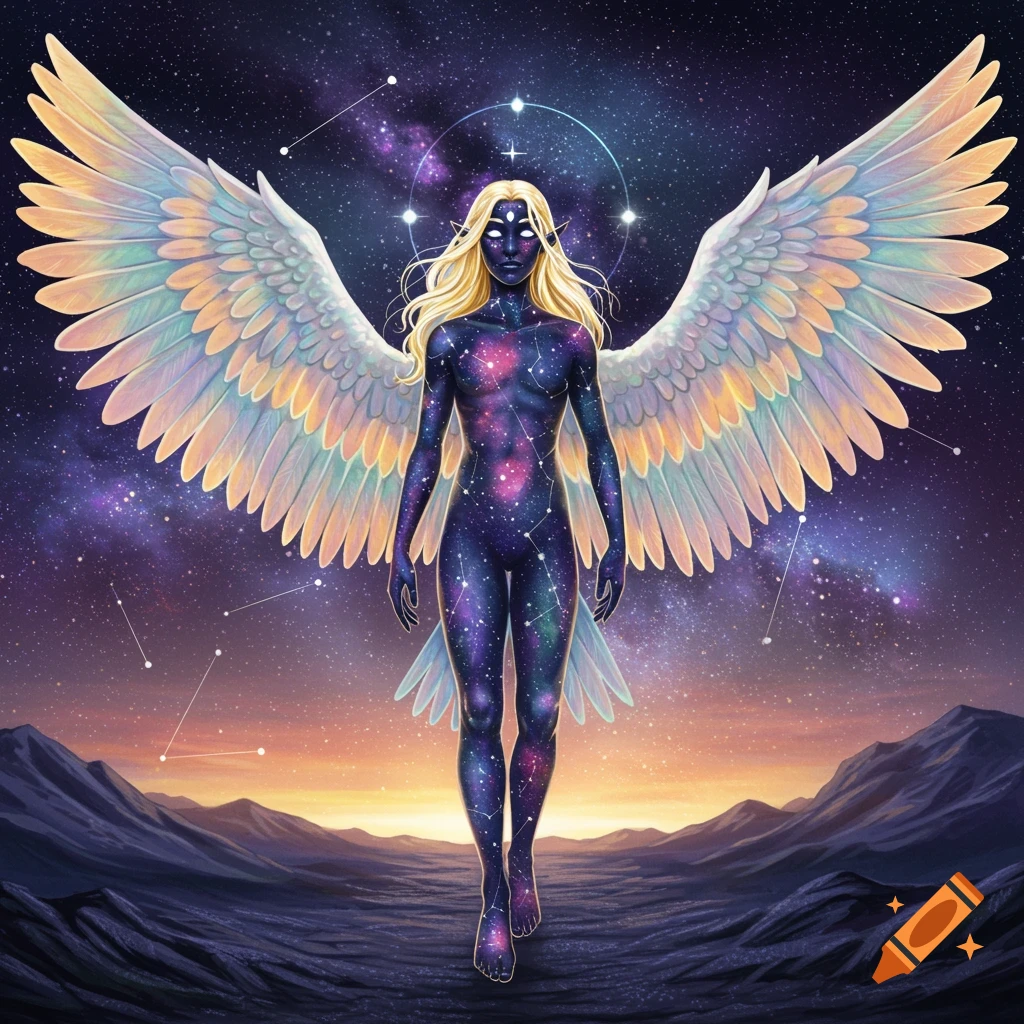 Ethereal winged Aetherians with celestial features and iridescent wings ...