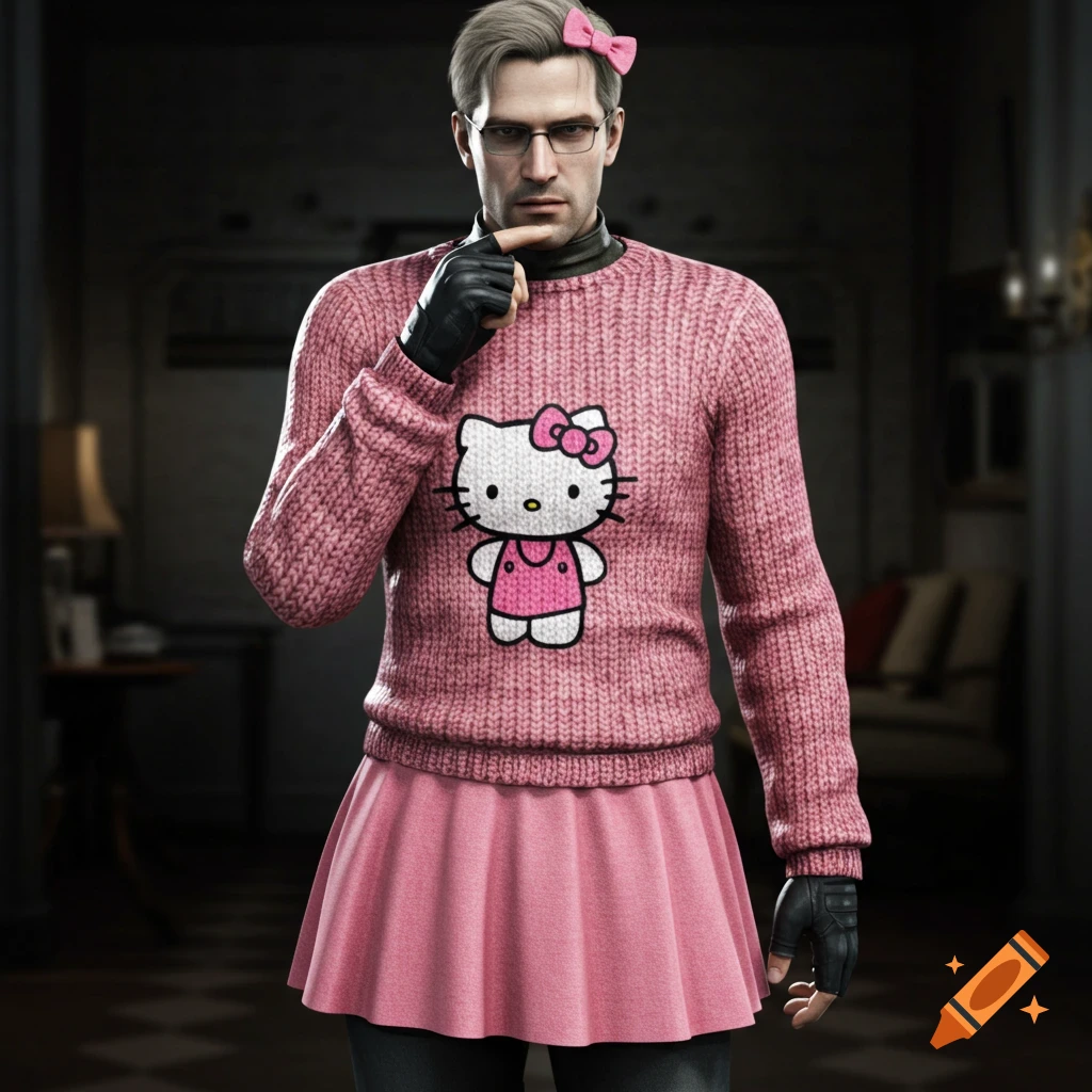Albert Wesker in a Hello Kitty outfit with pink blush on Craiyon
