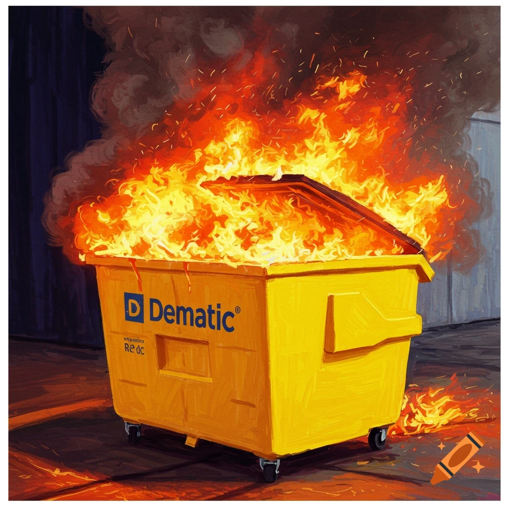 A yellow dumpster is engulfed in flames and smoke, with a logo visible ...