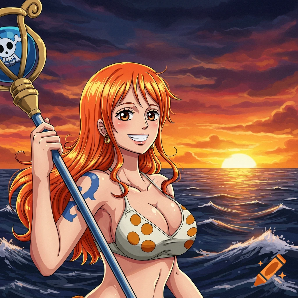 Nami from One Piece in an orange swimsuit on a tropical beach. on Craiyon