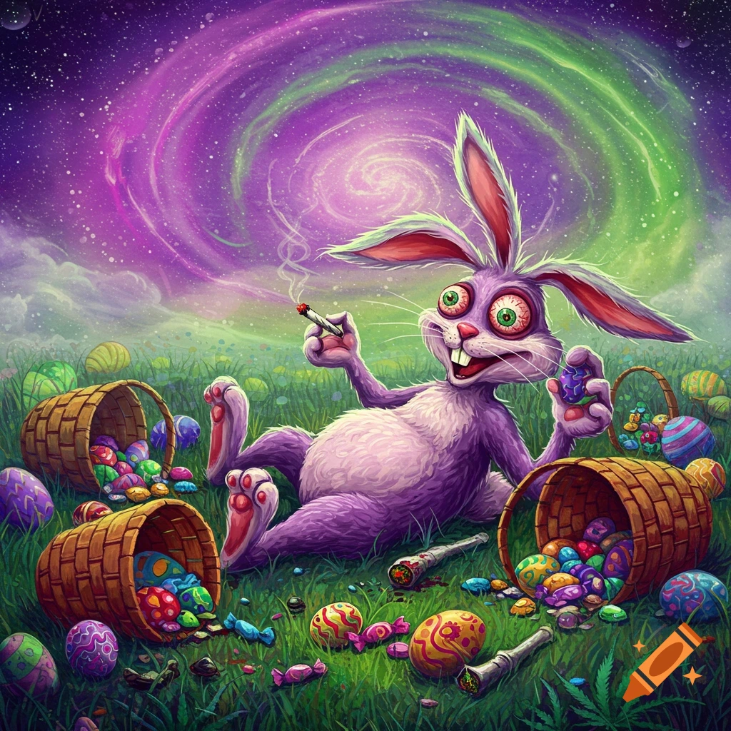 A cartoonish purple Easter bunny with red eyes sits in grass among eggs ...