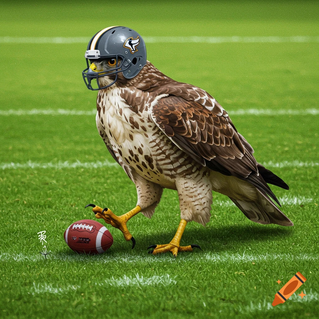 A hawk in a football helmet stands on a field next to a football. on ...