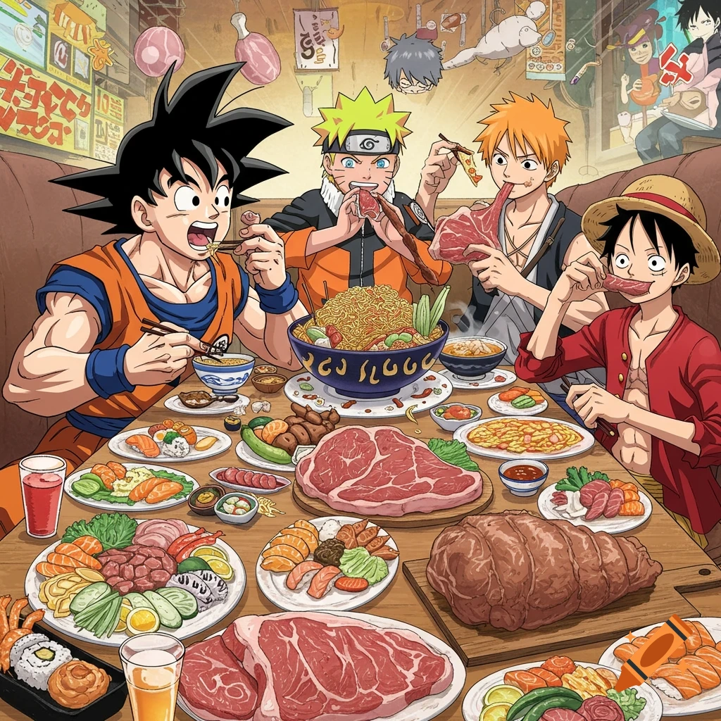 Goku, Naruto, Ichigo, and Luffy eating a large feast of meat, sushi ...