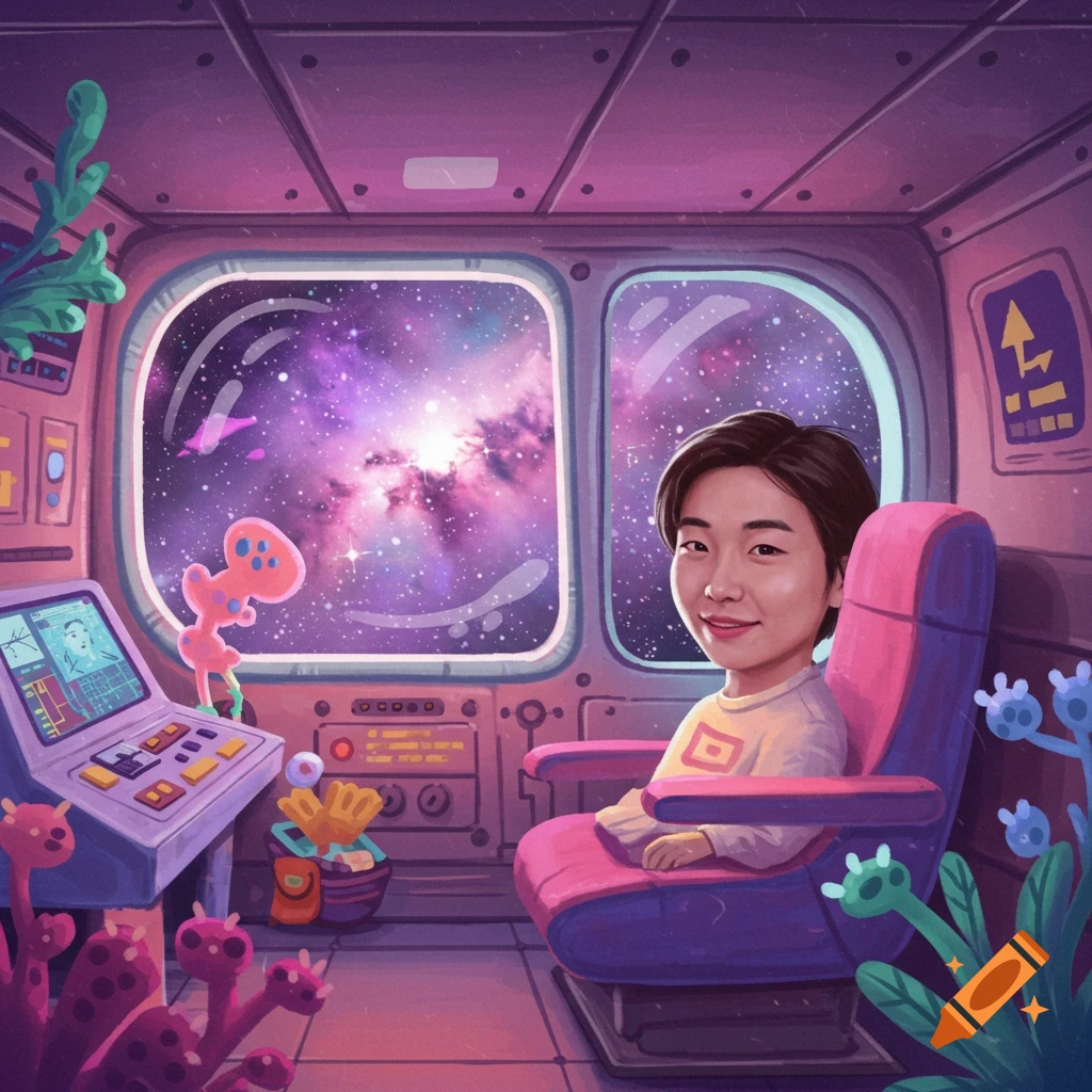 Cartoonish illustration of a person sitting in a spaceship cockpit ...