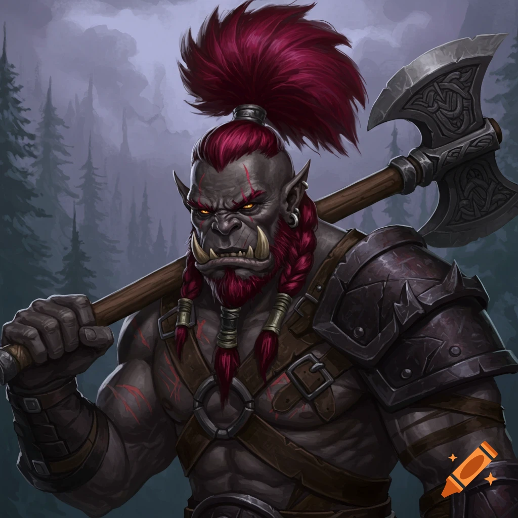 A grey-skinned orc with red hair wields an axe. on Craiyon
