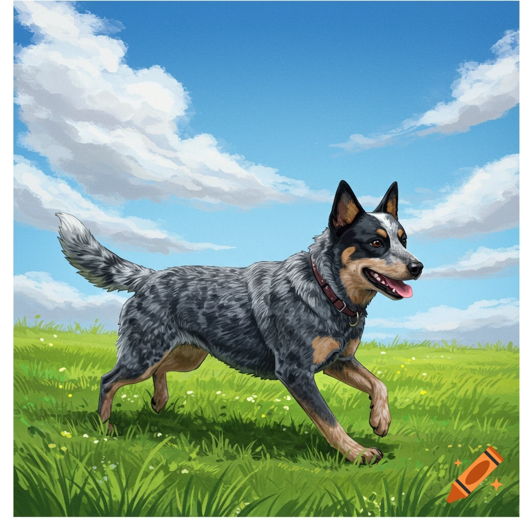 Blue heeler running in a field on Craiyon