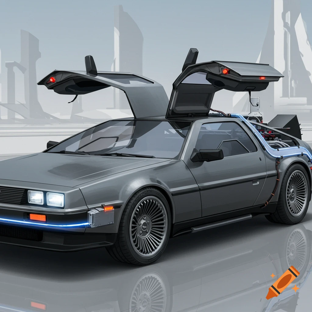 A silver DeLorean car from Back to the Future with its gull-wing doors ...