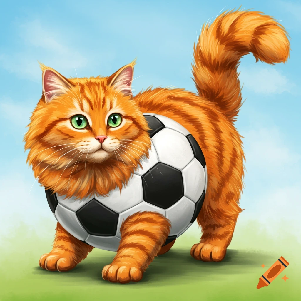 An orange tabby cat with its body as a soccer ball, standing in grass ...