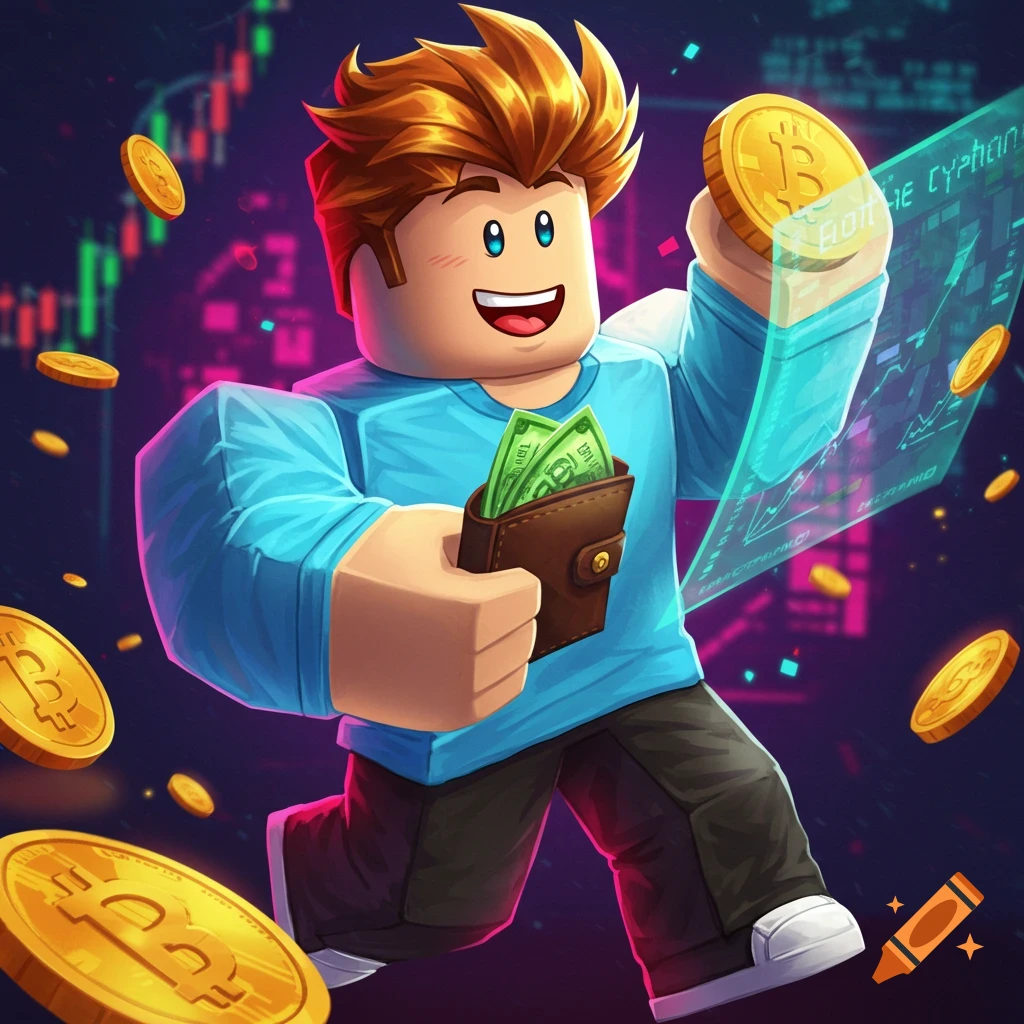 Roblox character holding stacks of money in the air. on Craiyon