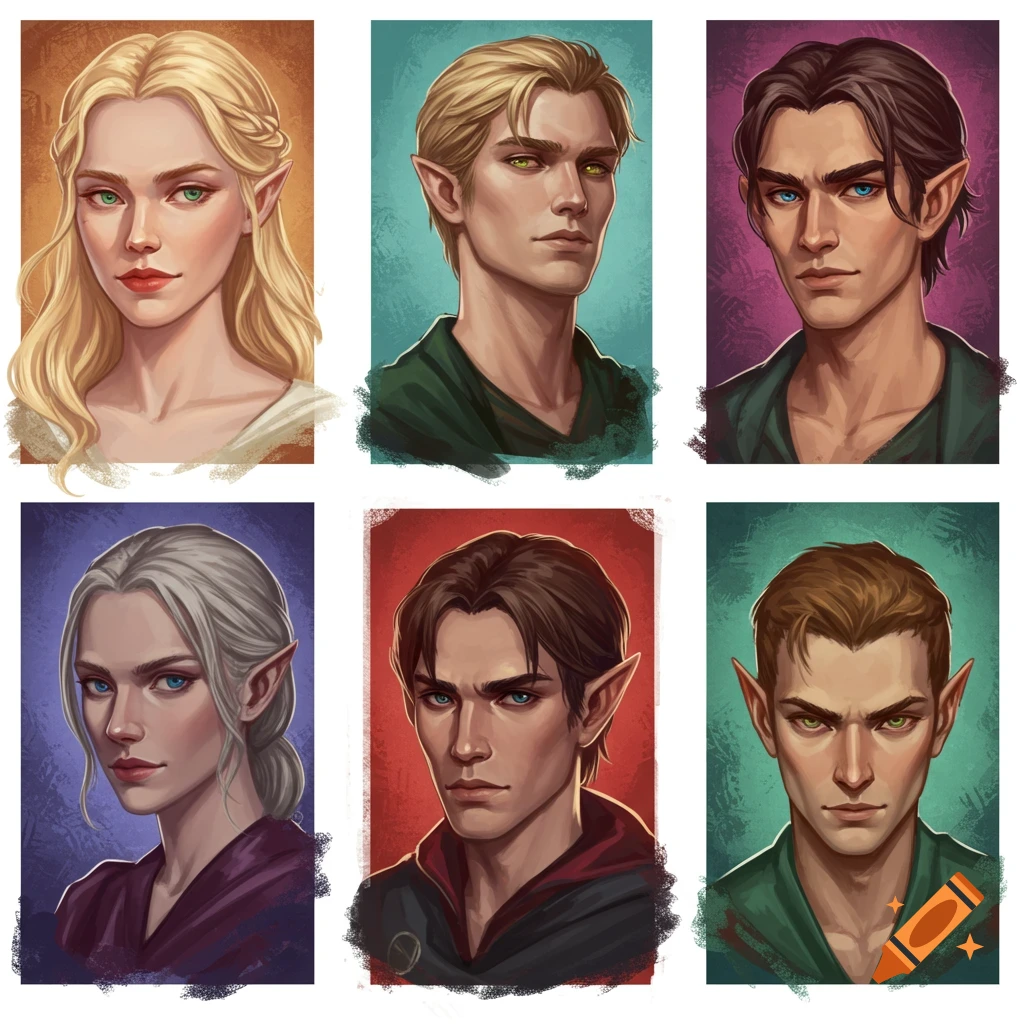 Multiple stylized portraits of characters with pointed ears and red ...