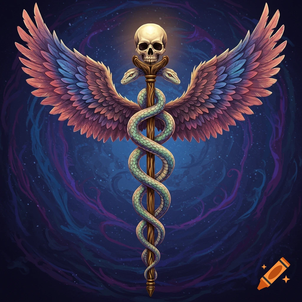 Rod of Asclepius with wings, snakes, and skull on Craiyon