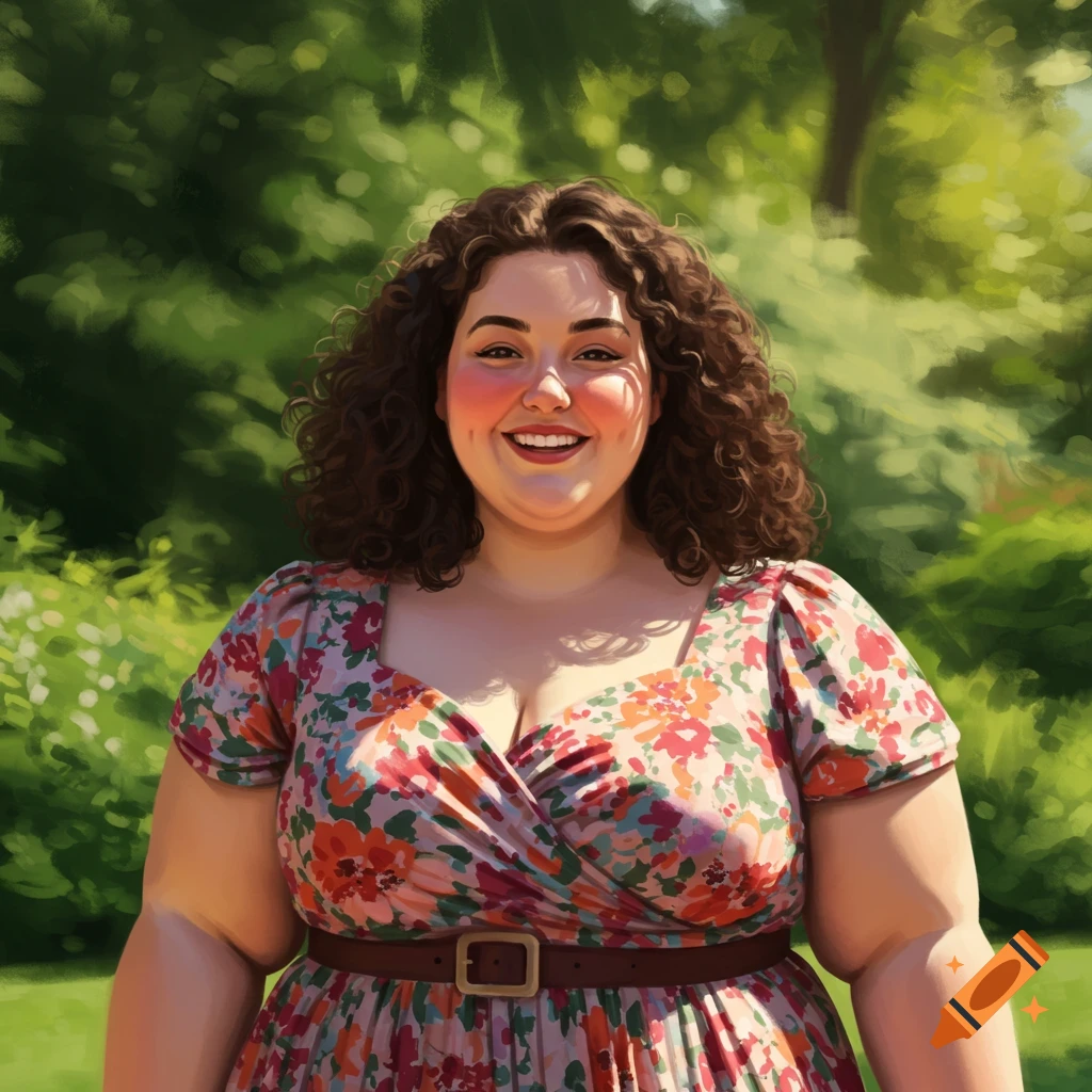 Smiling woman in a floral dress standing in a sunny garden. on Craiyon