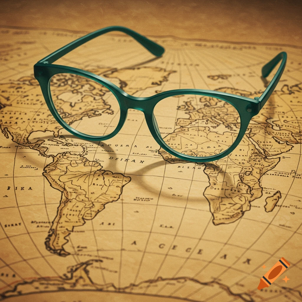 World map with cat eye glasses and reflection of glasses in lenses on ...