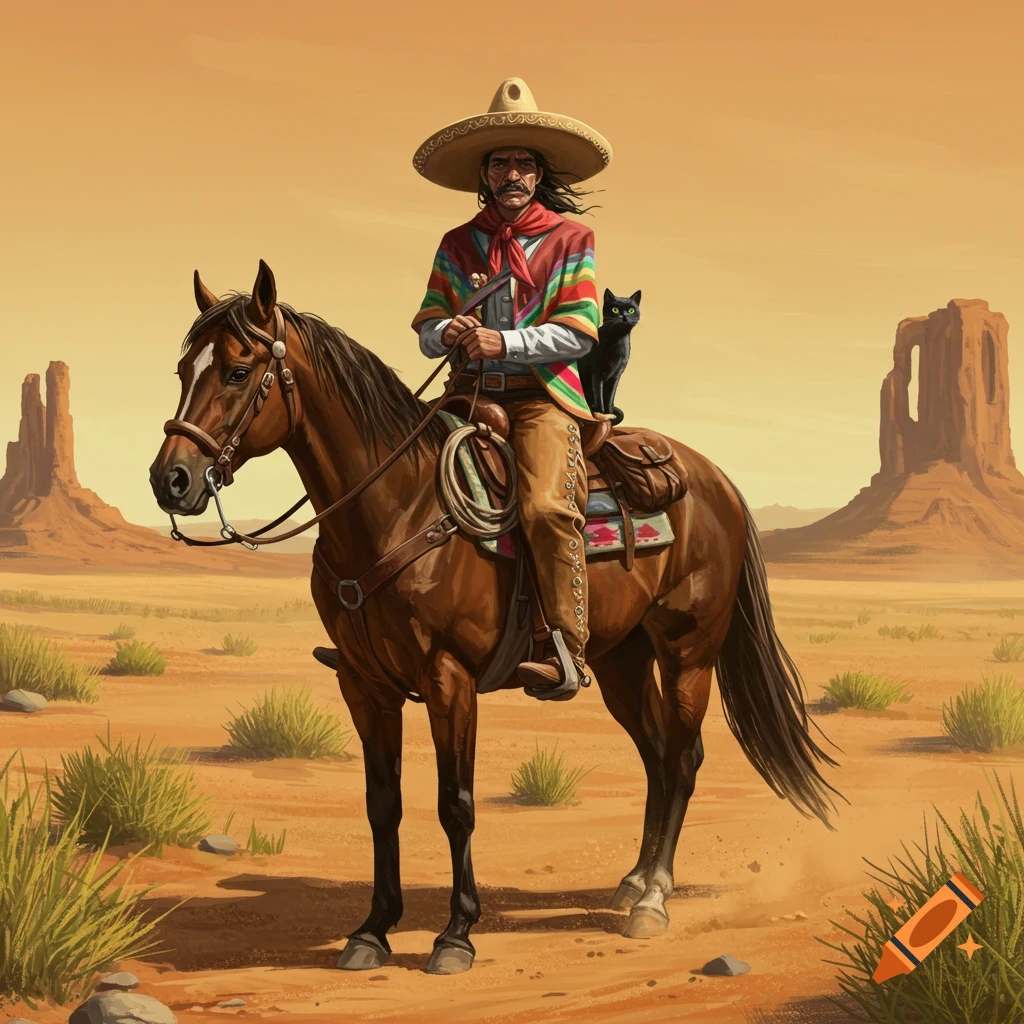 A Mexican cowboy in a sombrero and poncho riding a horse with a black ...