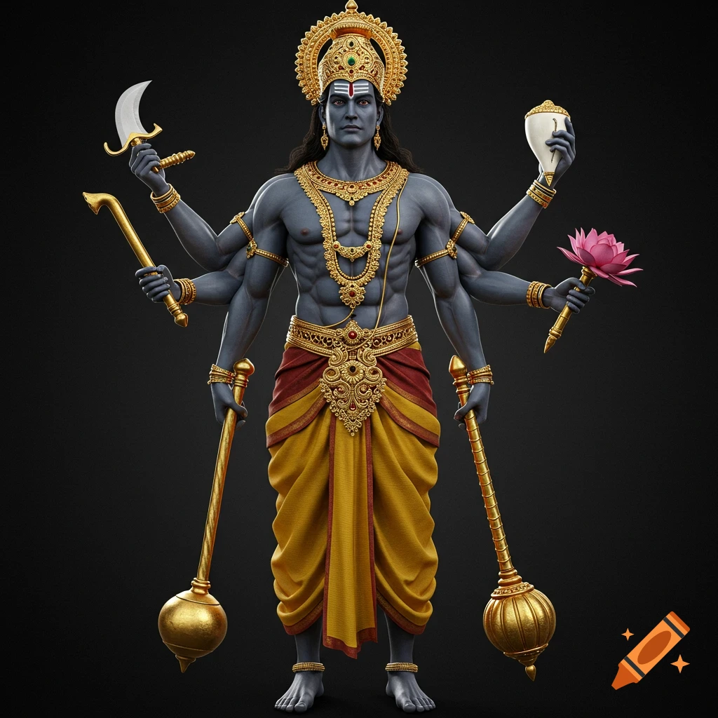 Muscular Indian warrior with four arms holding shankha, chakra, gada ...