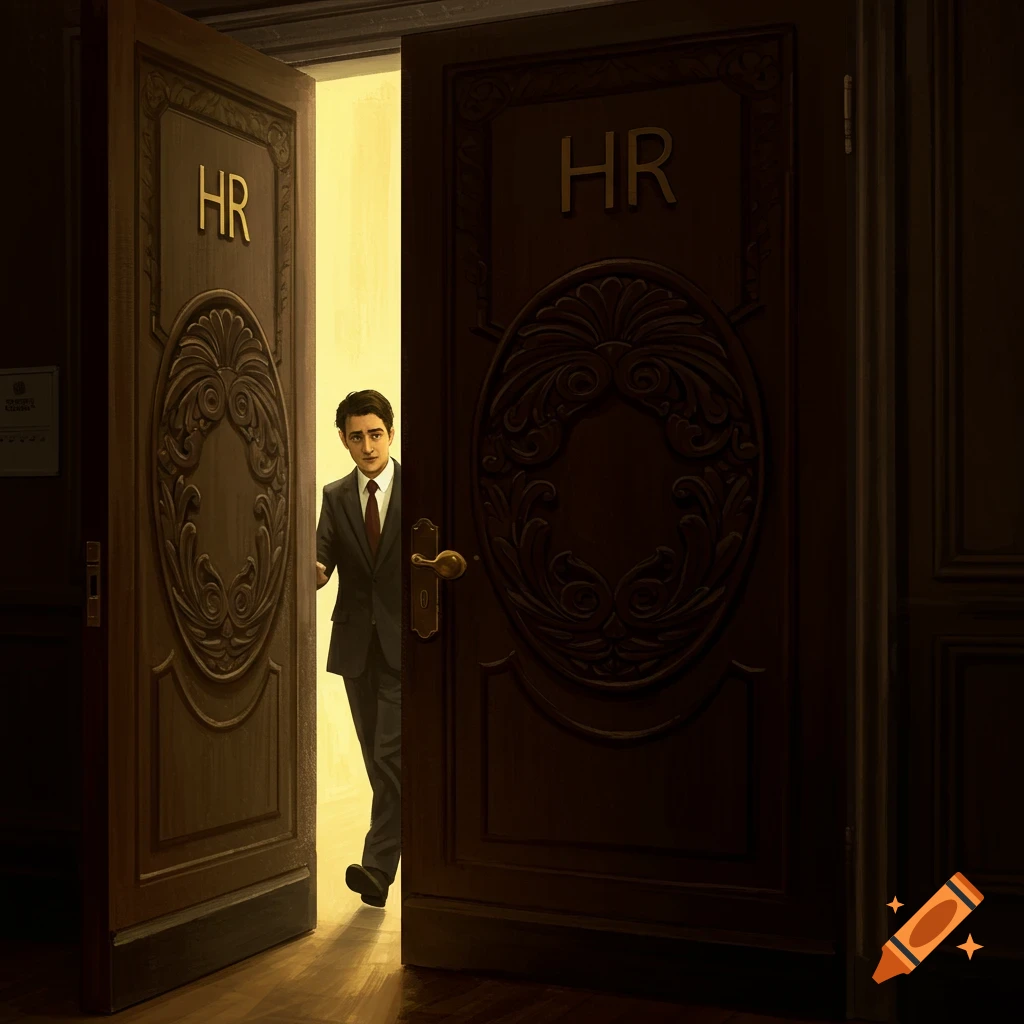 A man in a suit steps through ornate double doors labeled "HR". on Craiyon