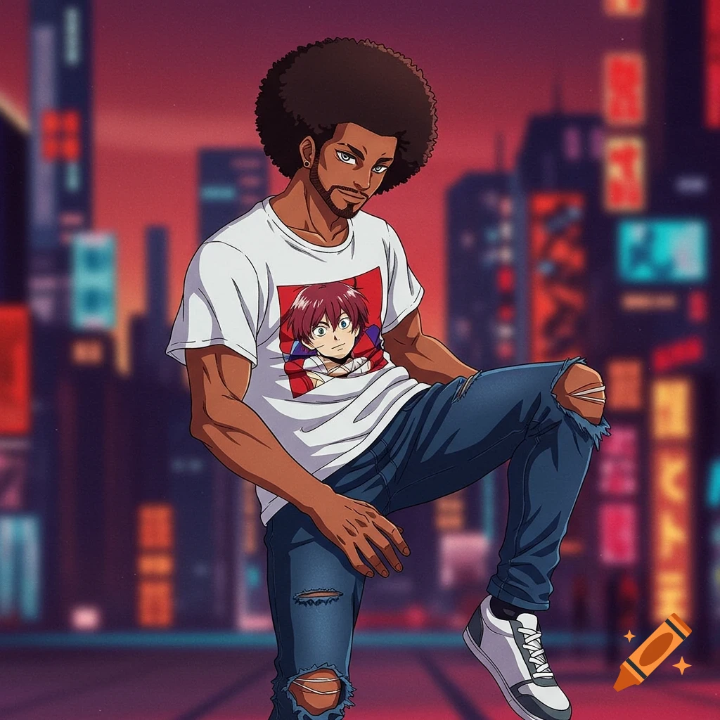 Anime man with afro, t-shirt with anime print, ripped jeans, posing ...