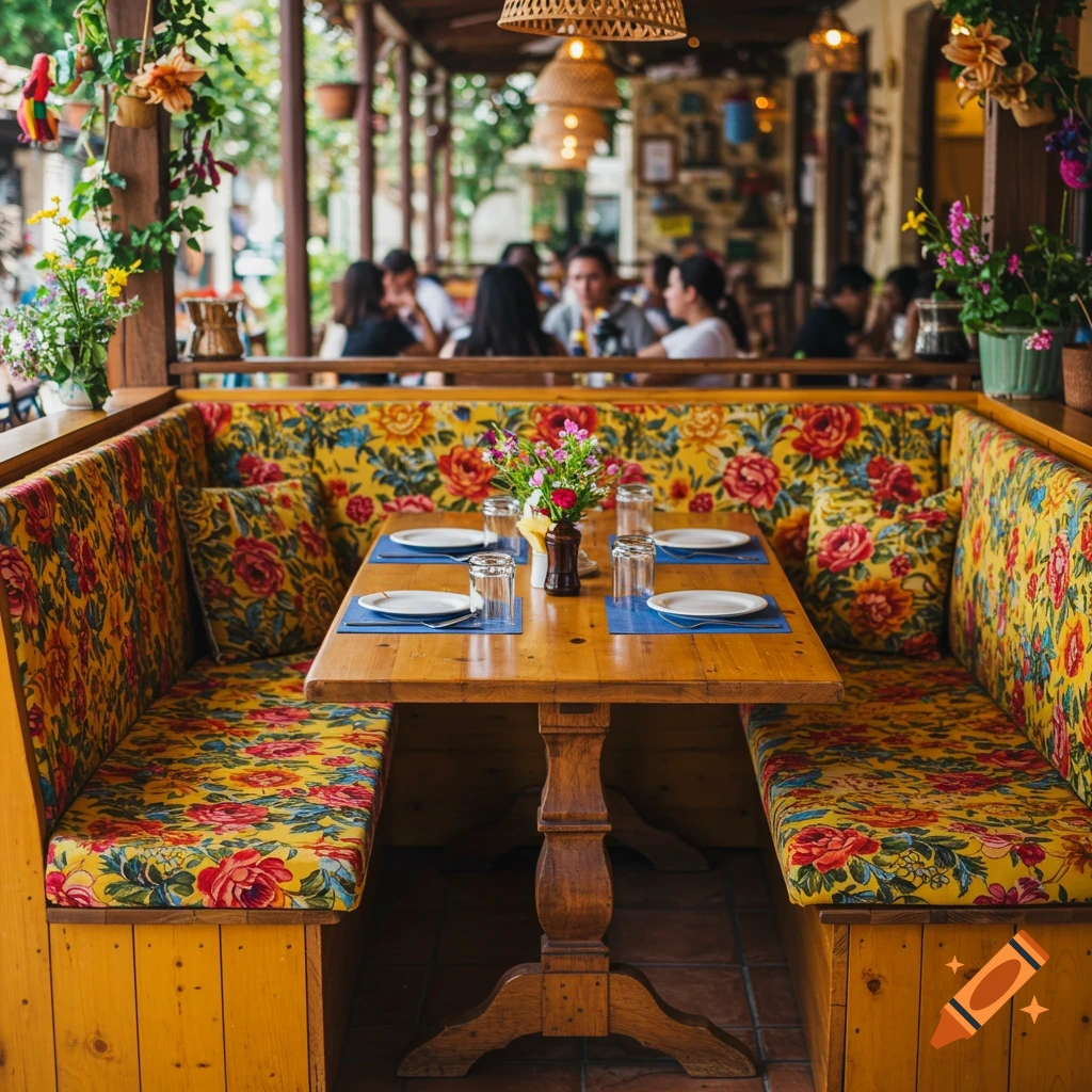 An empty booth with bright floral cushions and set table in an outdoor ...
