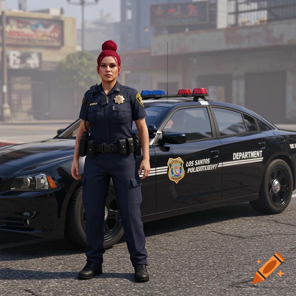 GTA 5 style female cop with red bun standing in front of Los Santos ...