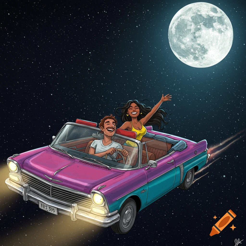 Illustration of a couple flying in a pink convertible car under a full ...