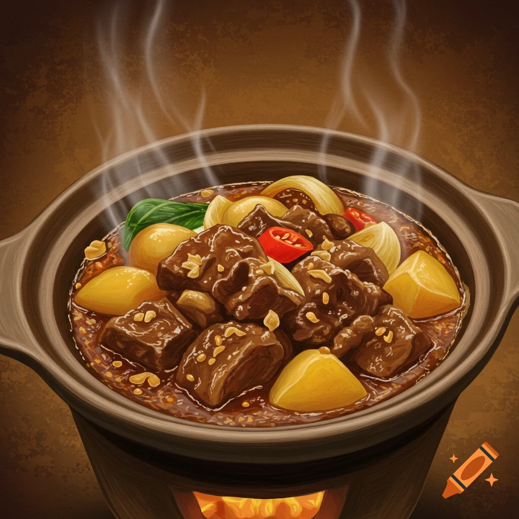 Top-down painting of a hot pot with raw meats, vegetables, mushrooms ...