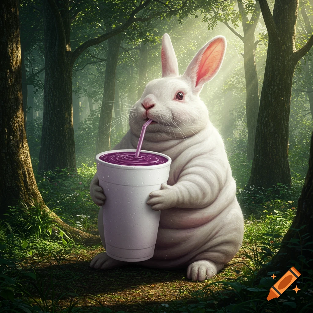A giant fluffy white rabbit drinks purple juice from a large cup in a ...