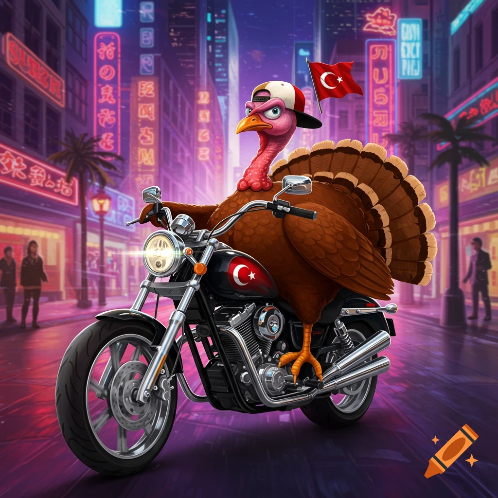 A cartoon-style turkey in a baseball cap rides a motorcycle down a neon ...