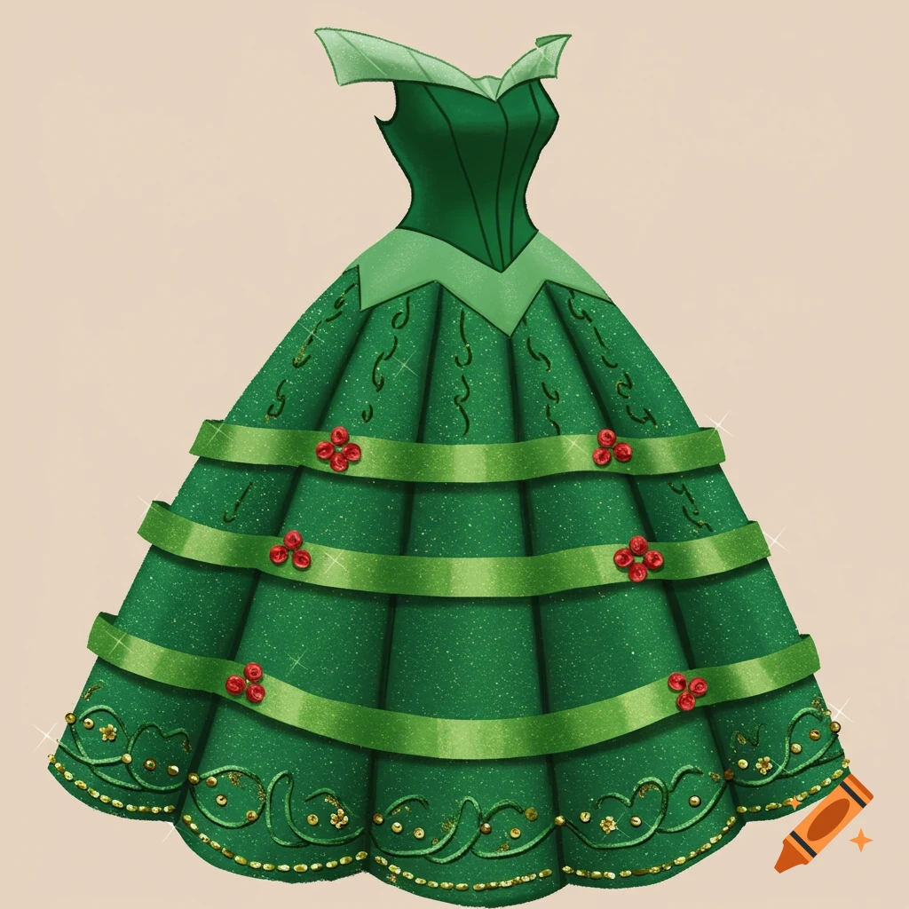 A green ball gown decorated with ribbons, red flowers, and gold beads ...