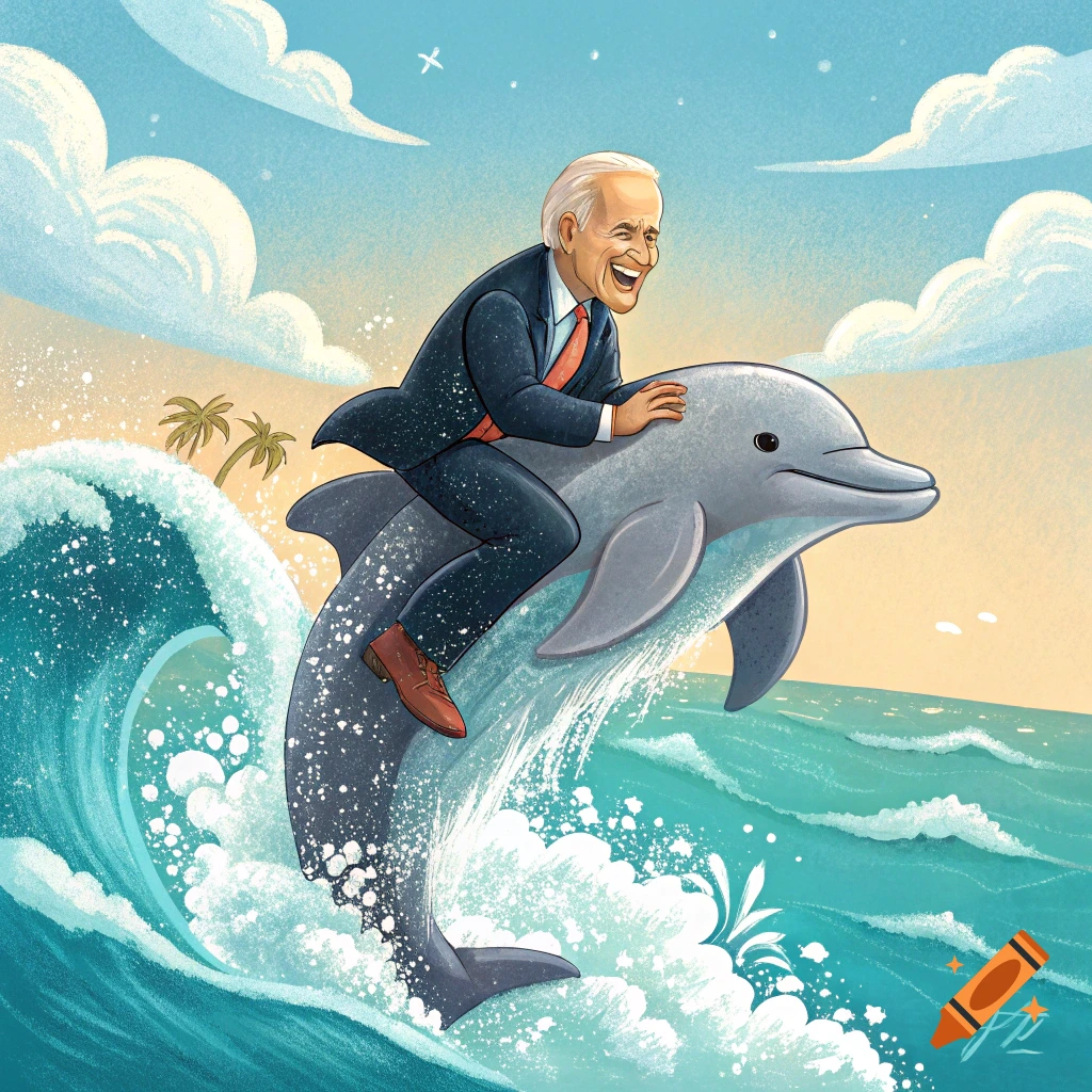 Cartoon illustration of Joe Biden riding a dolphin on a wave near a ...