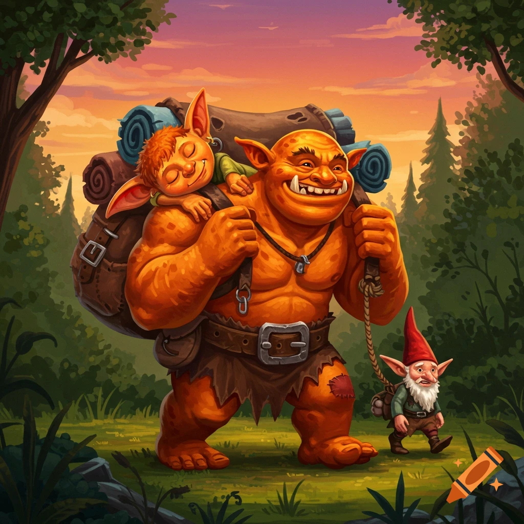 Orange ogre with sleeping goblin in backpack and gnome on leash on Craiyon