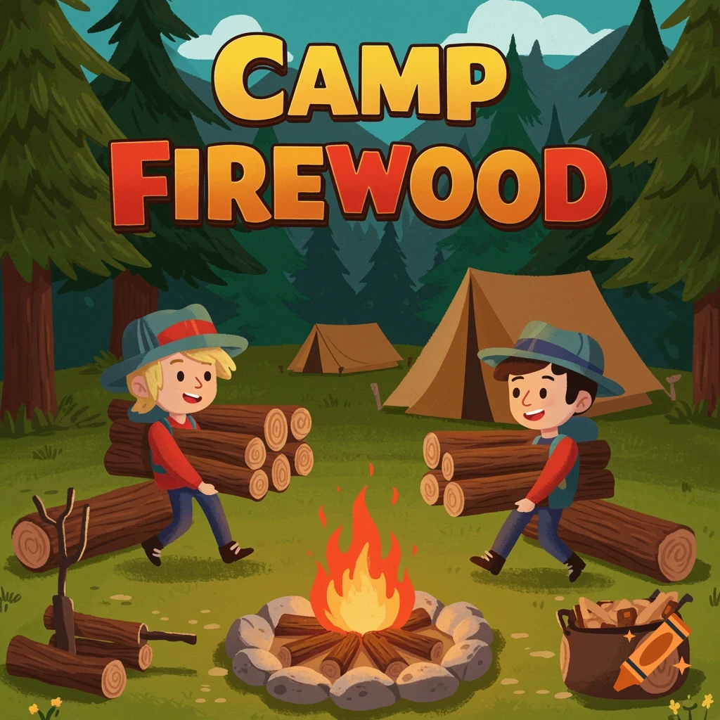 A cartoon illustration of two children carrying logs to a campfire at a ...