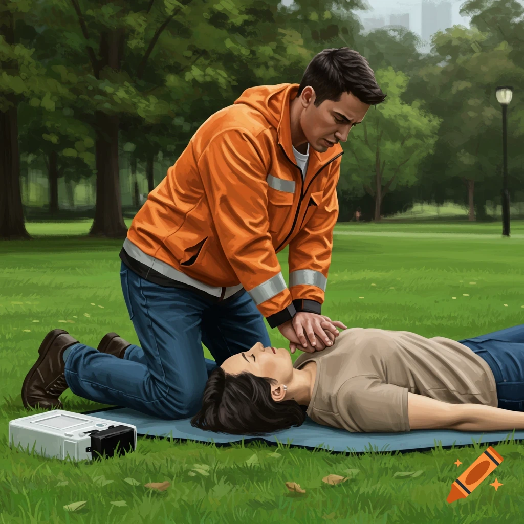 Someone is performing CPR on a person lying on the grass in a park. on Craiyon