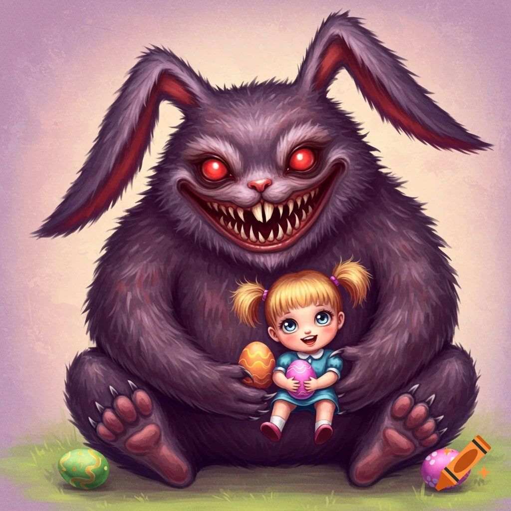 Little girl sitting on a demonic bunny's lap with eggs on Craiyon