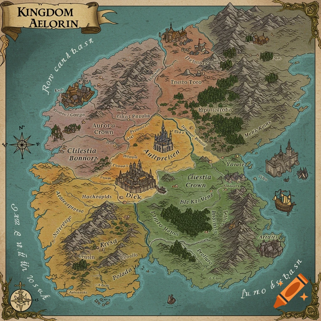 Hand-drawn fantasy map of the Kingdom of Aelorin with labeled provinces and features. on Craiyon