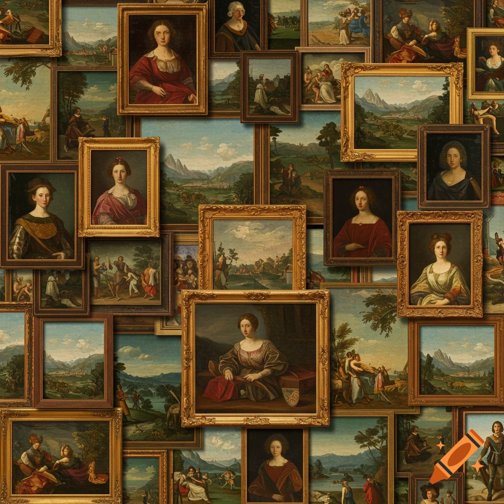 A collage of overlapping framed classical portraits and landscape ...