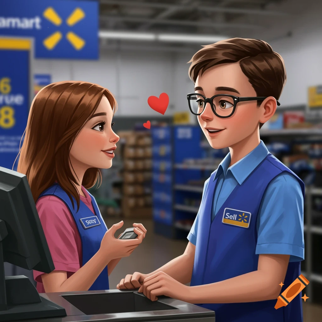 Boy with glasses as self checkout attendant helps girl customer with ...
