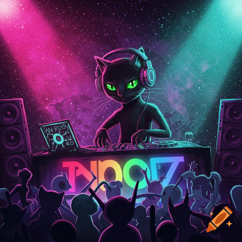 A black cat with headphones DJing at a glowing rave with a crowd ...