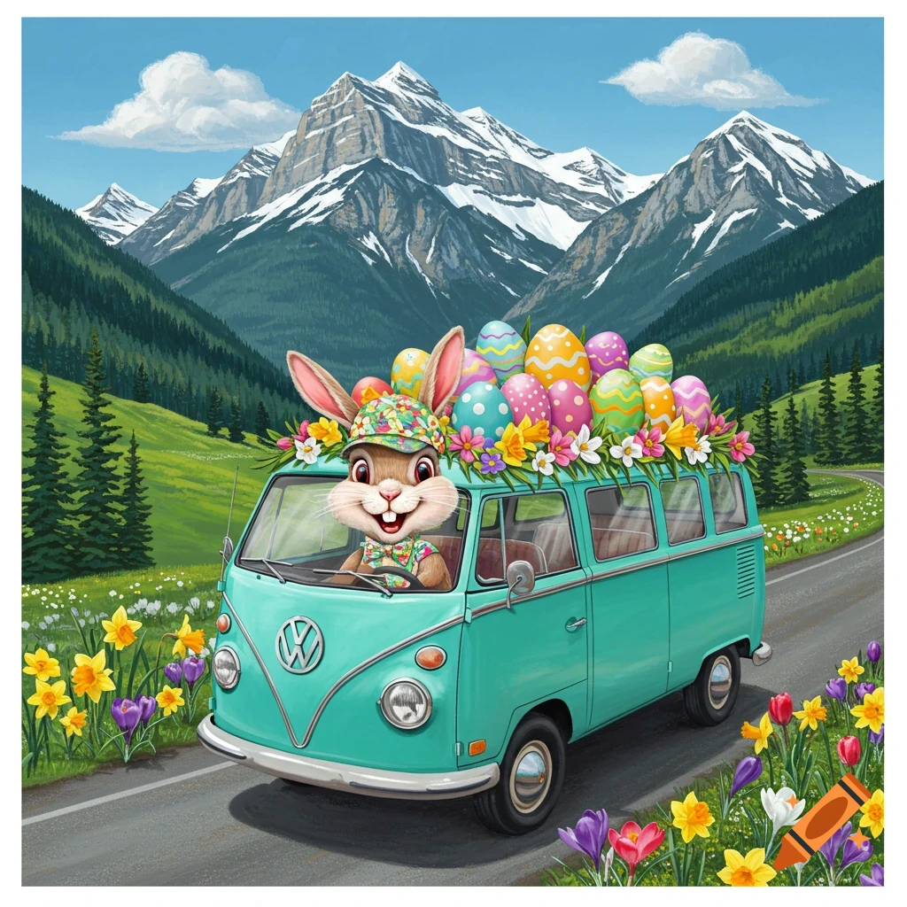 Easter bunny driving VW bus in British Columbia on Craiyon